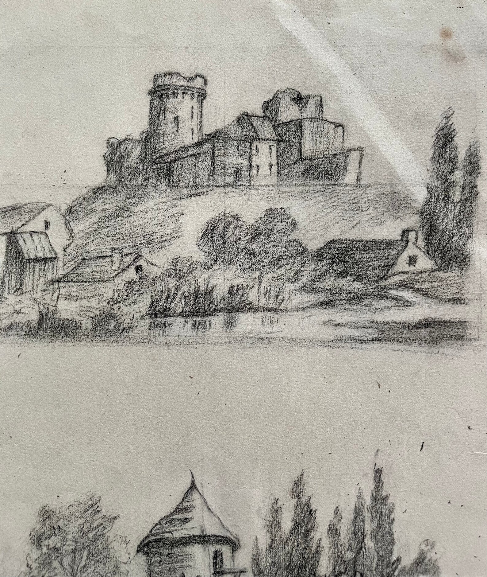 1890s French Graphite Drawing on Paper. Landscapes With Castle and ...