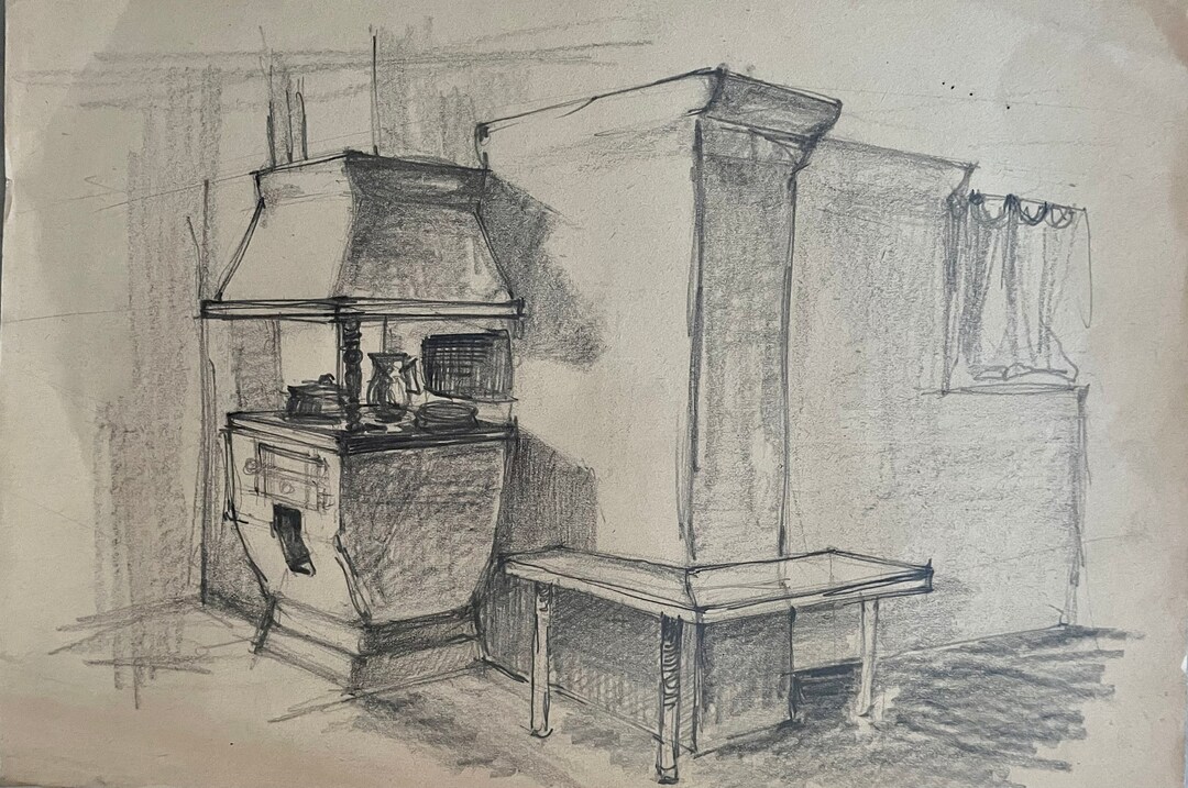 1940s French Vintage Graphite Drawing on Paper. Farmhouse Kitchen in ...