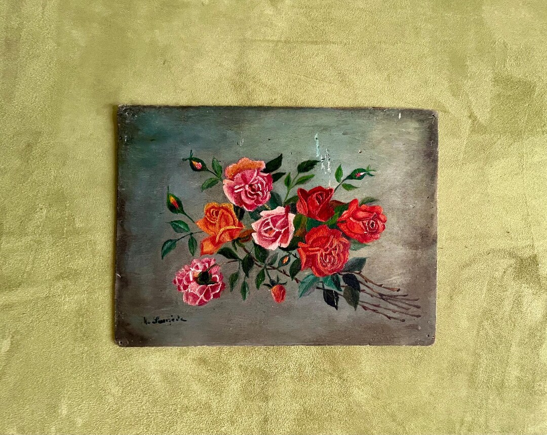 1910s French Shabby Chic Oil Painting on Wood. Red & Pink Roses. Floral ...