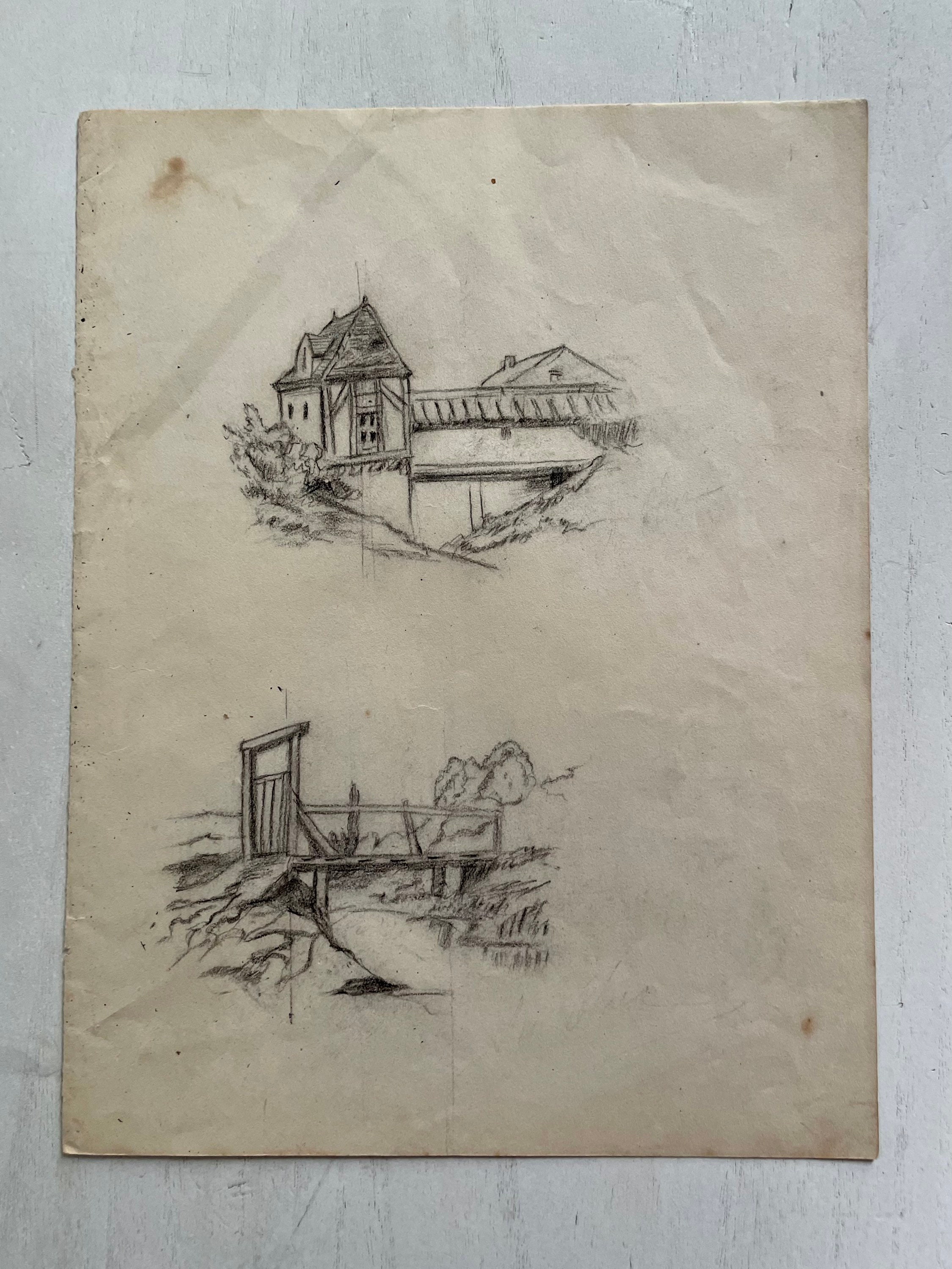 1890s French Graphite Drawing on Paper. Landscapes With Castle and ...