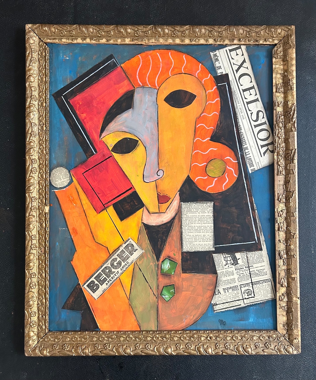 1900s French Cubism Collage Painting on Panel. Portrait of Red Haired ...
