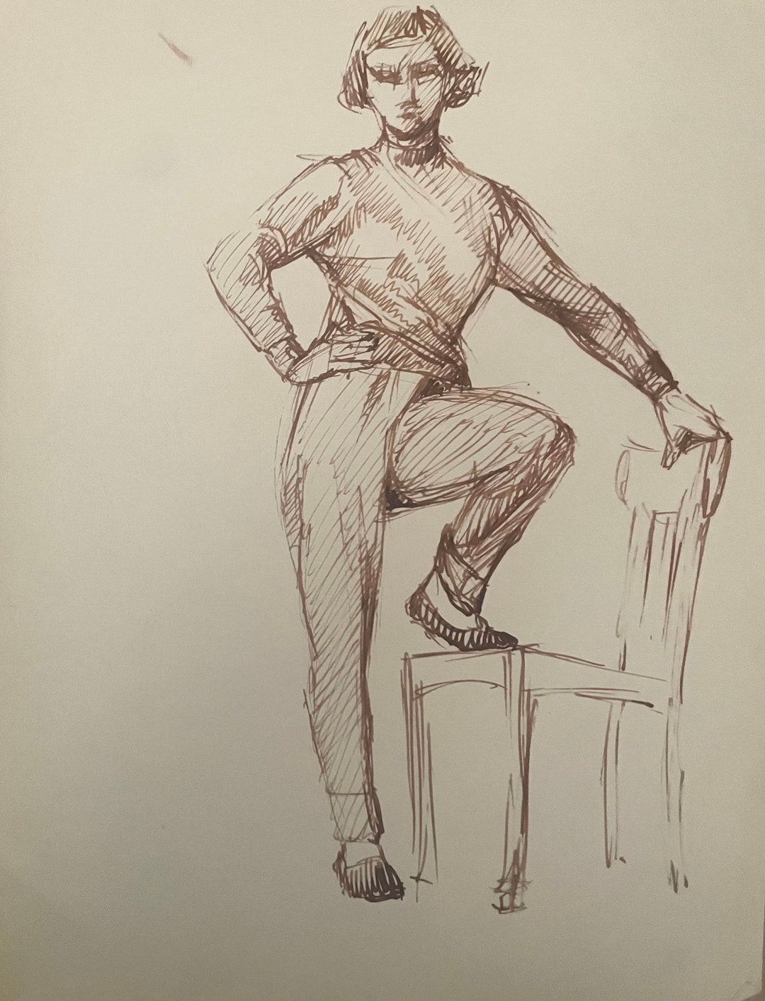 1960s French Vintage Sepia Ink Drawing on Paper. Model Posing in the ...