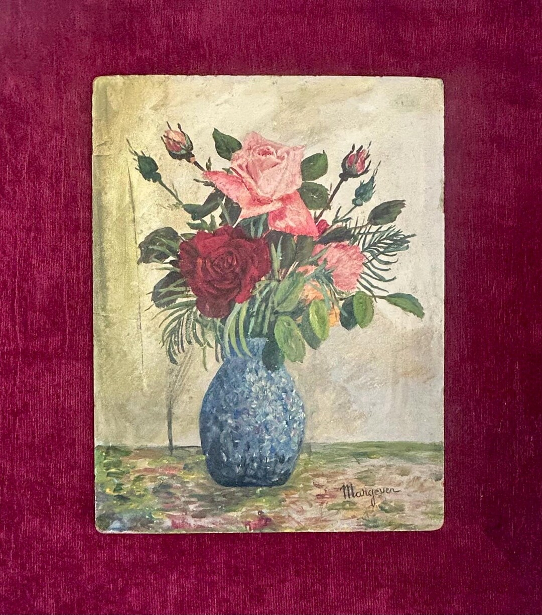 1910s French Shabby Chic Oil Painting on Panel. Red and Pink Roses ...
