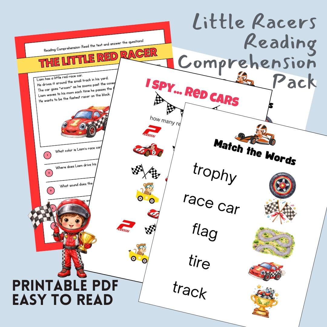 Grade 1 Reading Comprehension Worksheets: Race Car Theme (PDF) - Etsy
