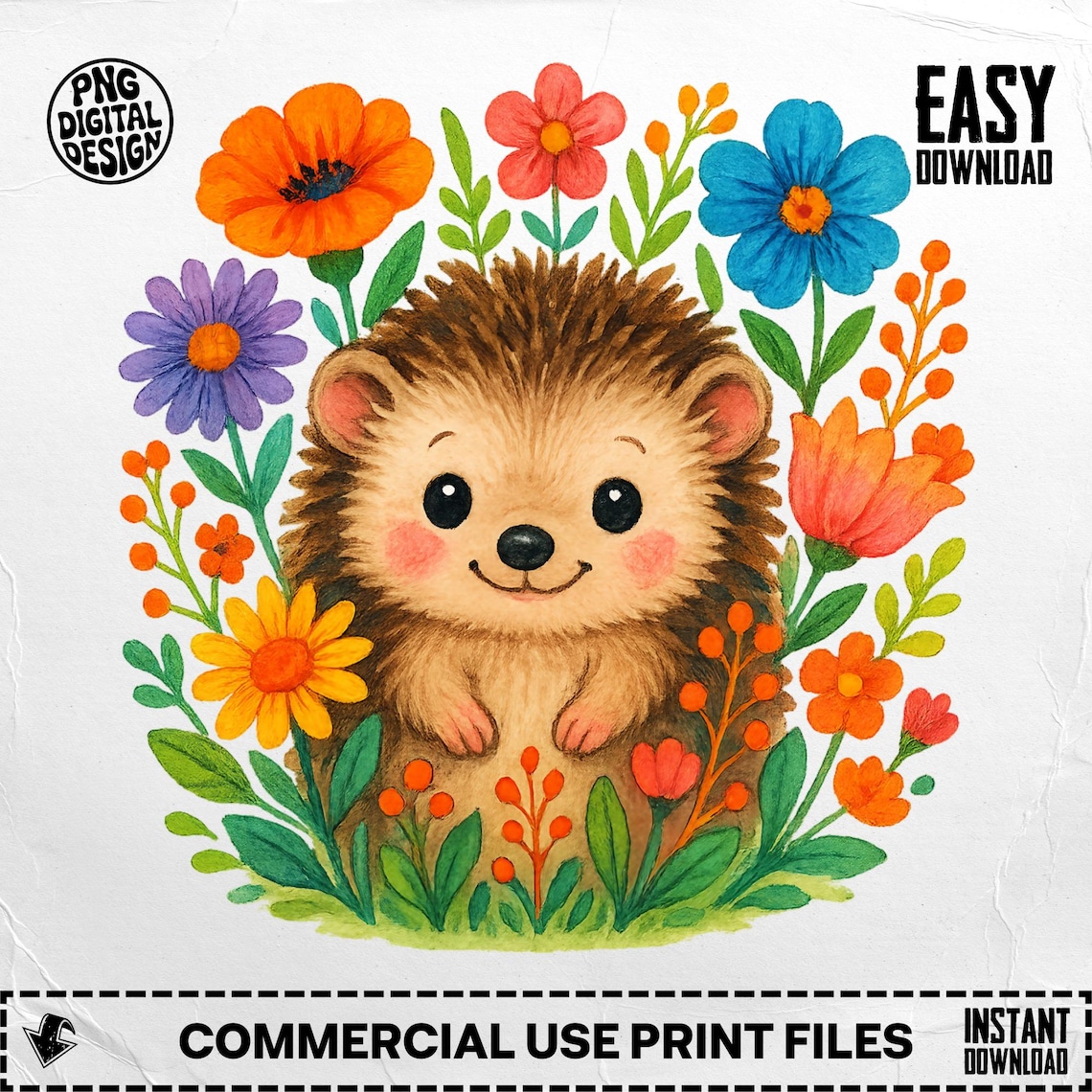 Watercolor Hedgehog PNG: Floral Clipart, Sublimation Design (digital ...