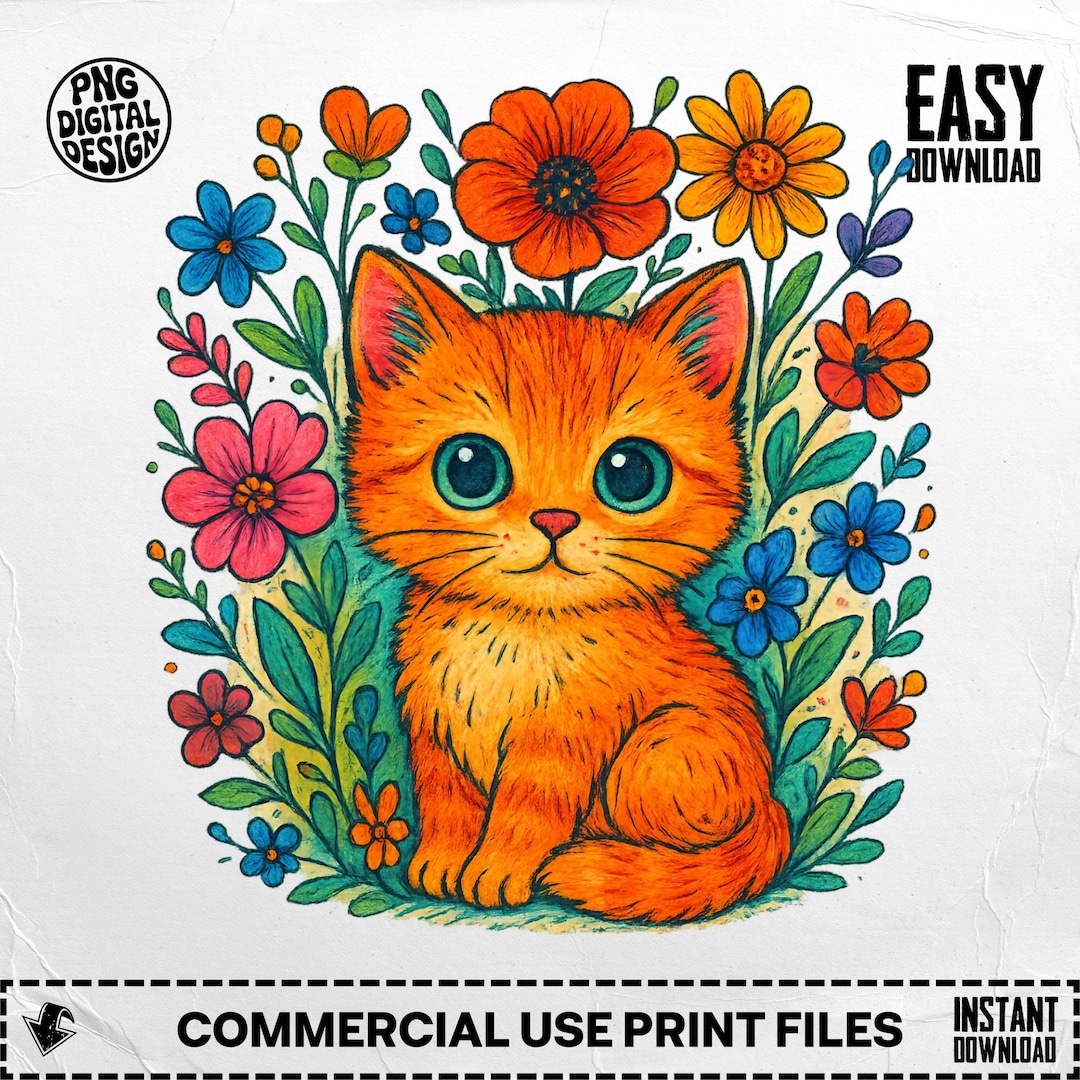 Orange Kitten PNG, Floral Cat Clipart, Cute Cat Png, Kitty Png, Flower ...