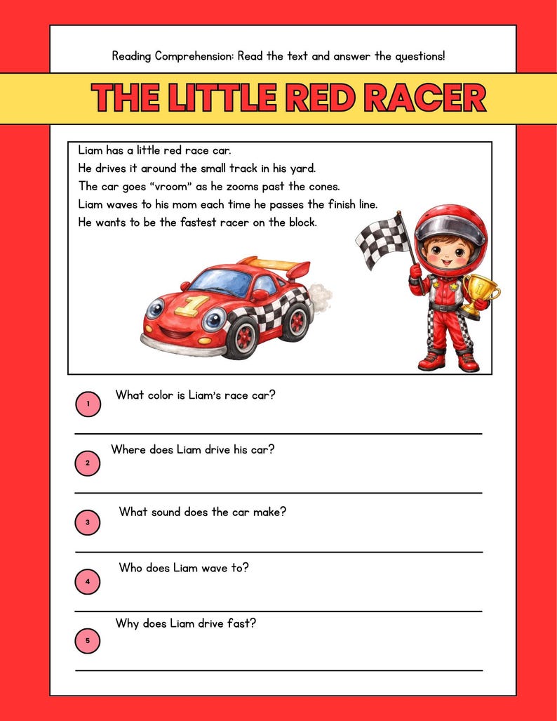 Grade 1 Reading Comprehension Worksheets: Race Car Theme (PDF) - Etsy