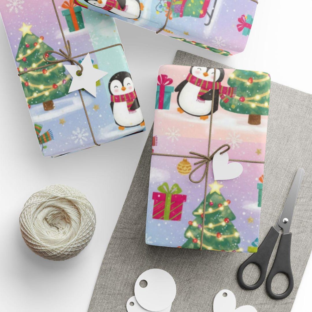 Penguin Christmas Wrapping Paper, Holiday Trees, Snowman Sleigh, Cute ...