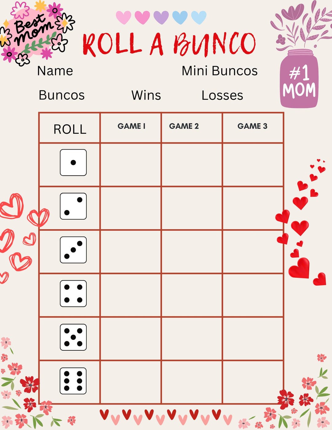 Mother's Day Bunco Score Cards: Printable Game (PDF) - Etsy