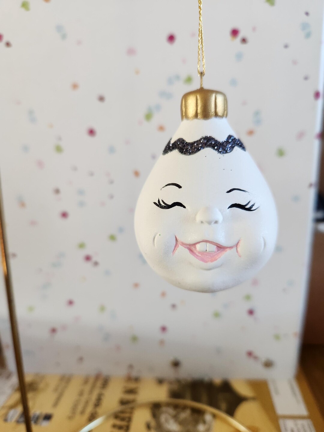 Ceramic Ornament With Face With Toothy Smile - Dark Silver Glitter ...