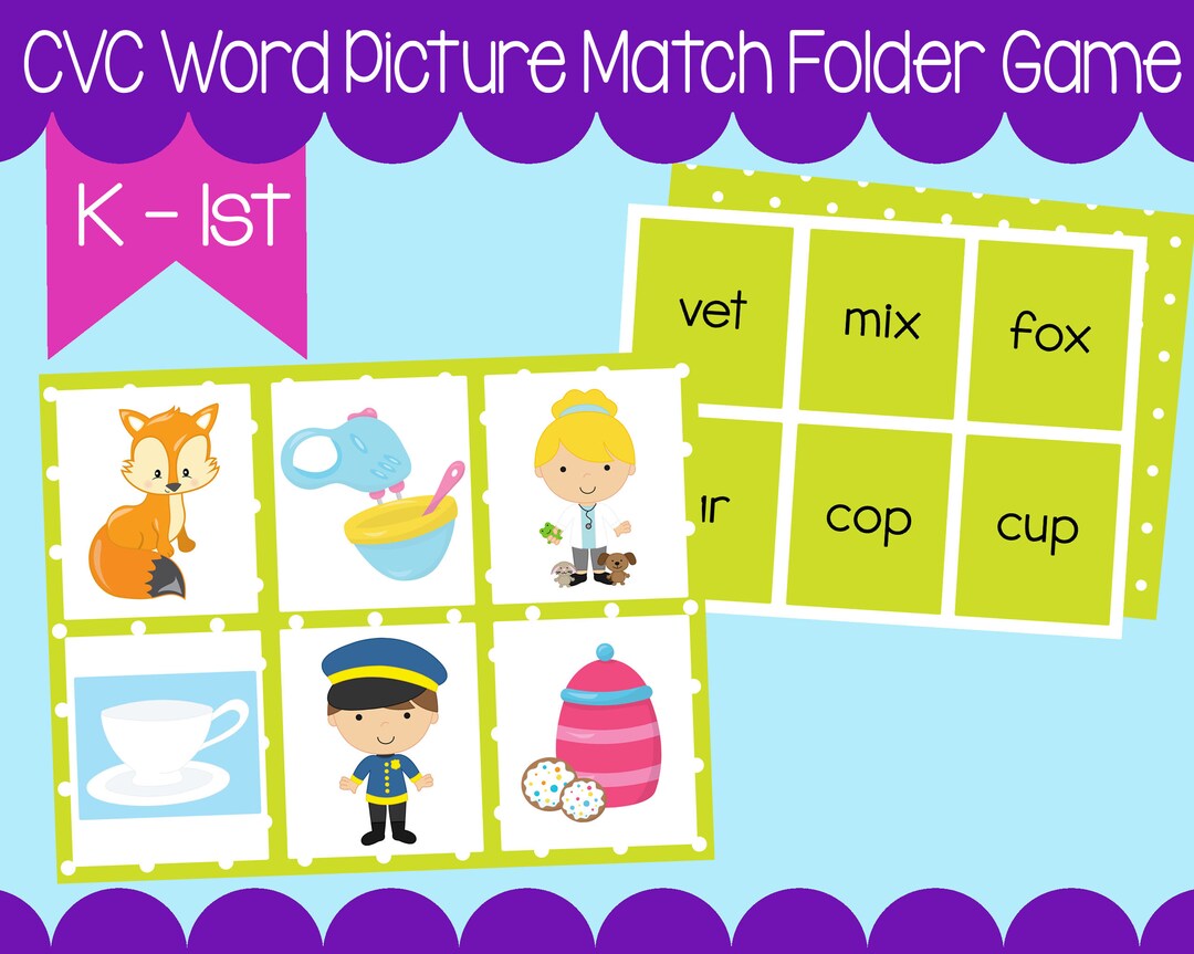Reading Folder Game - CVC Word Picture Match Kindergarten 1st Grade ...