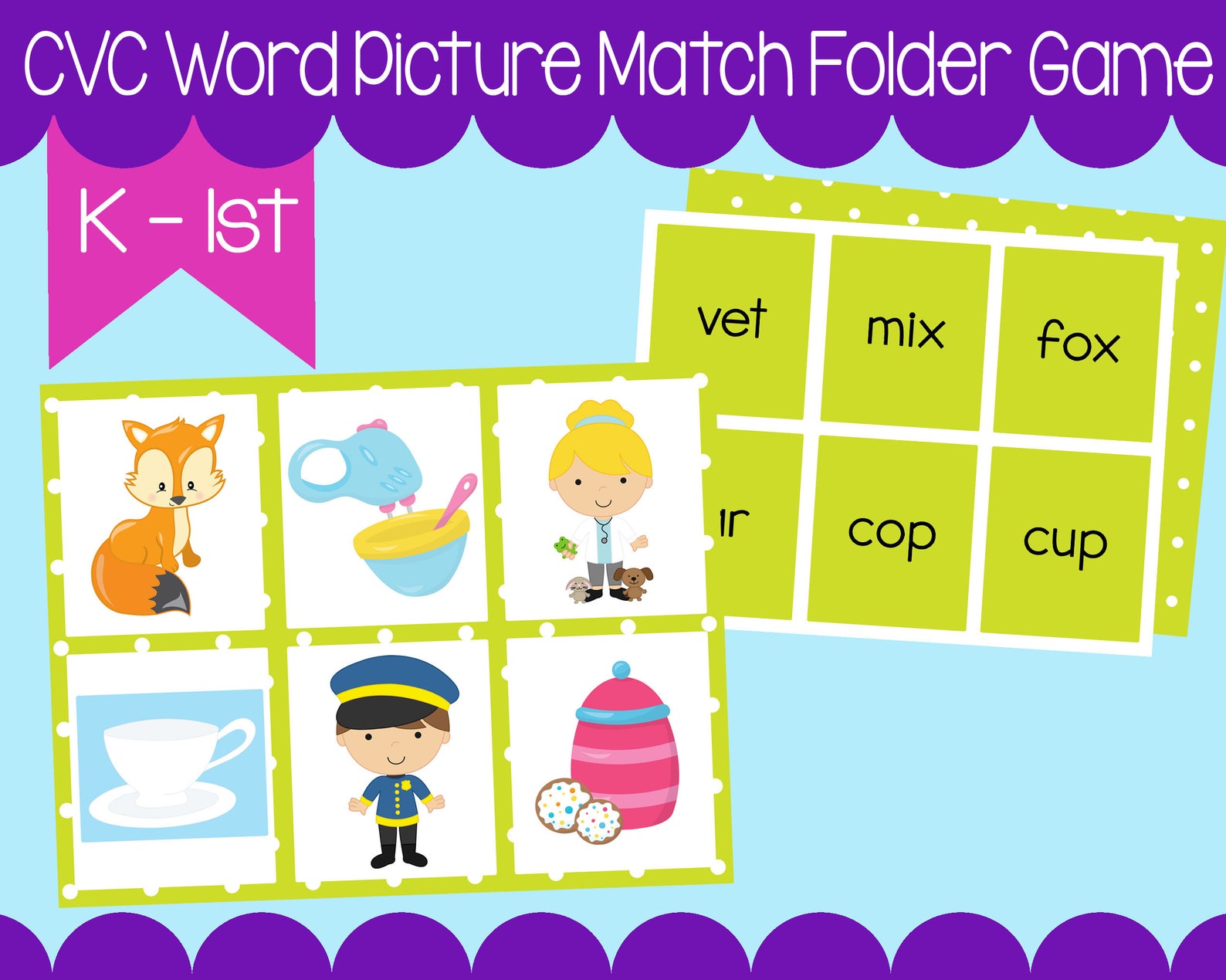 Reading Folder Game - CVC Word Picture Match Kindergarten 1st Grade ...