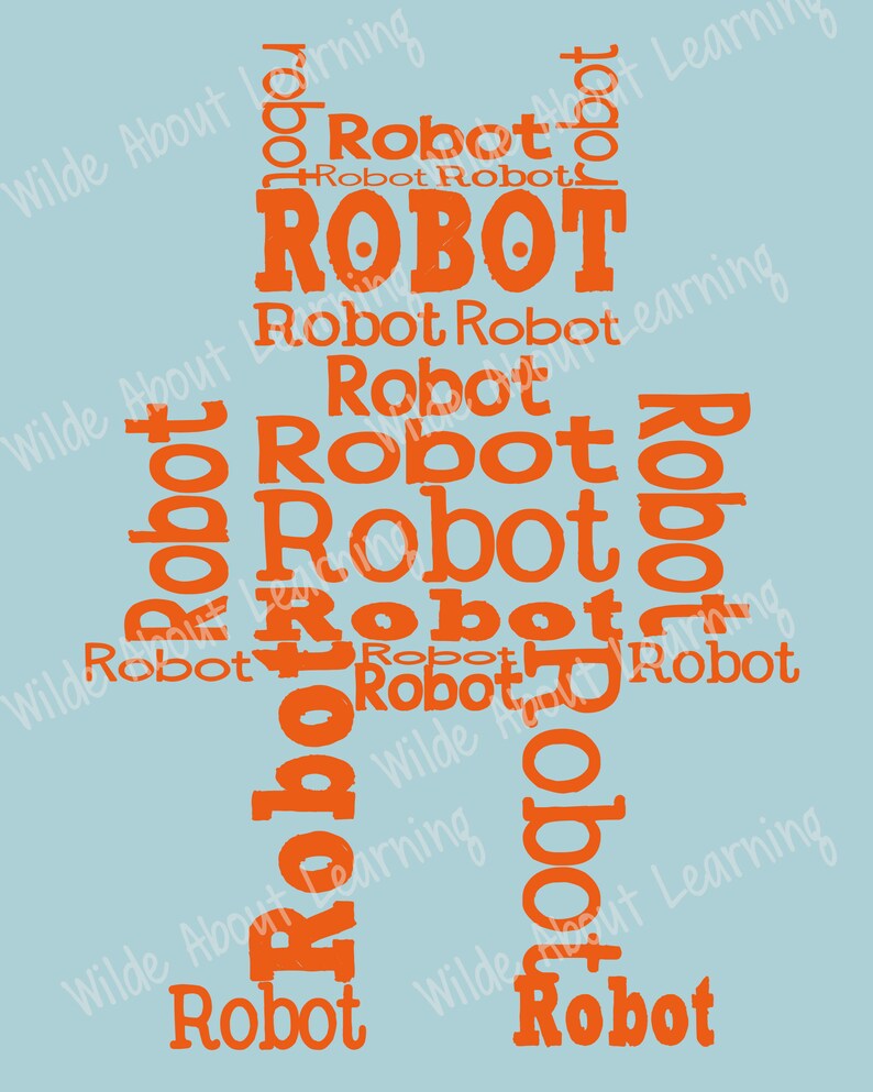 Robot Word Art 8 X 10 Orange Gray Blue White Digital Printable Little ...