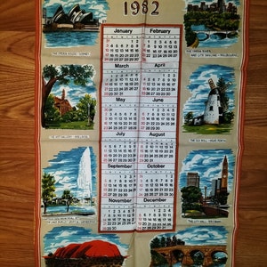 1982 Souvenir Map of Australia Calendars X 2 Cotton Tea Towel Vintage ...
