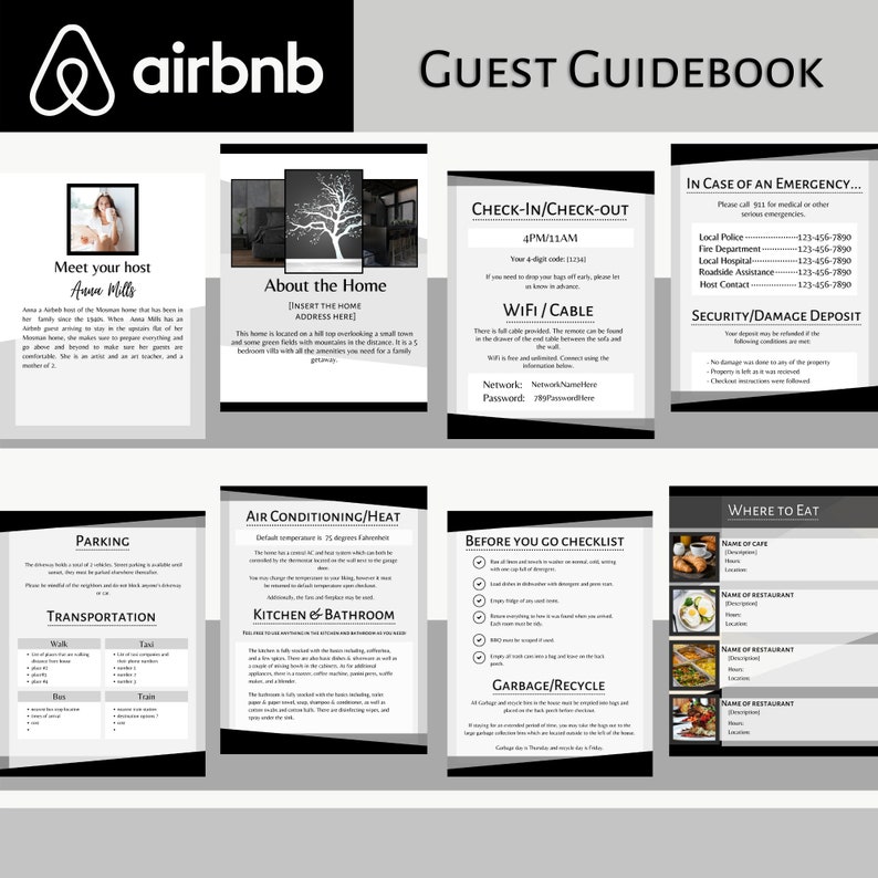 Airbnb Guest Guidebook Template Canva Modern Black Grey Gray Airbnb Guest Guidebook Template Canva Modern Black Grey Gray