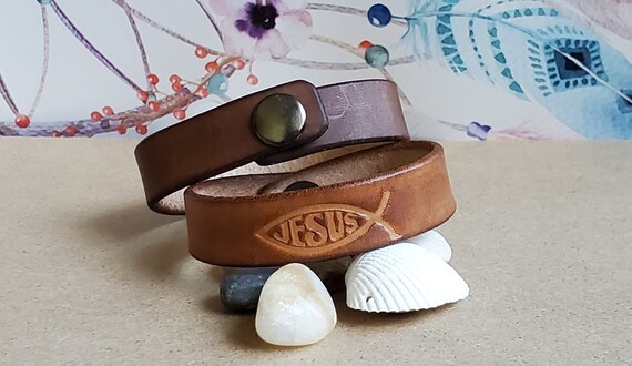 Jesus Ichthus Real Leather Bracelet with Snap Button | Etsy