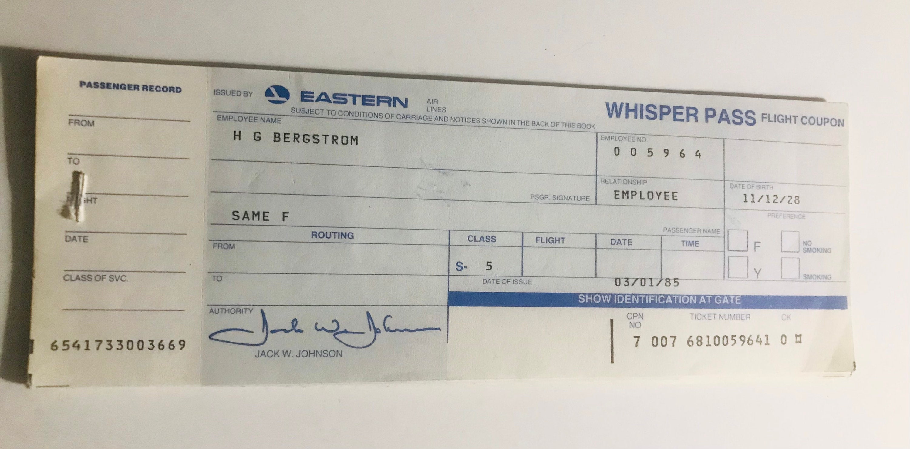 Vintage Eastern Airlines Whisper Jet Flight Pass Coupon Rider Employee ...