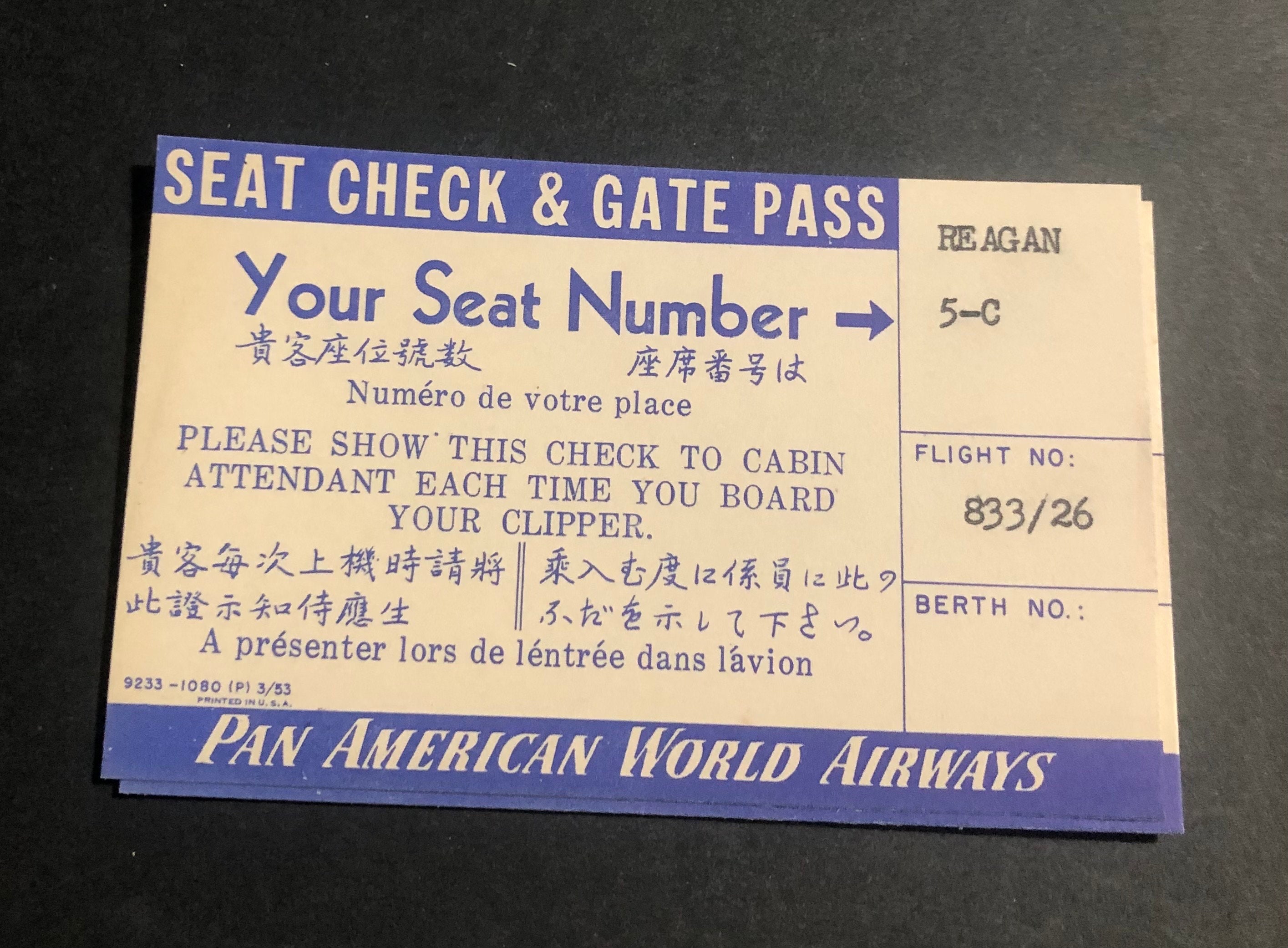 Flight Seat Check/gate Pass 1954 Pan American World Airways Miami ...