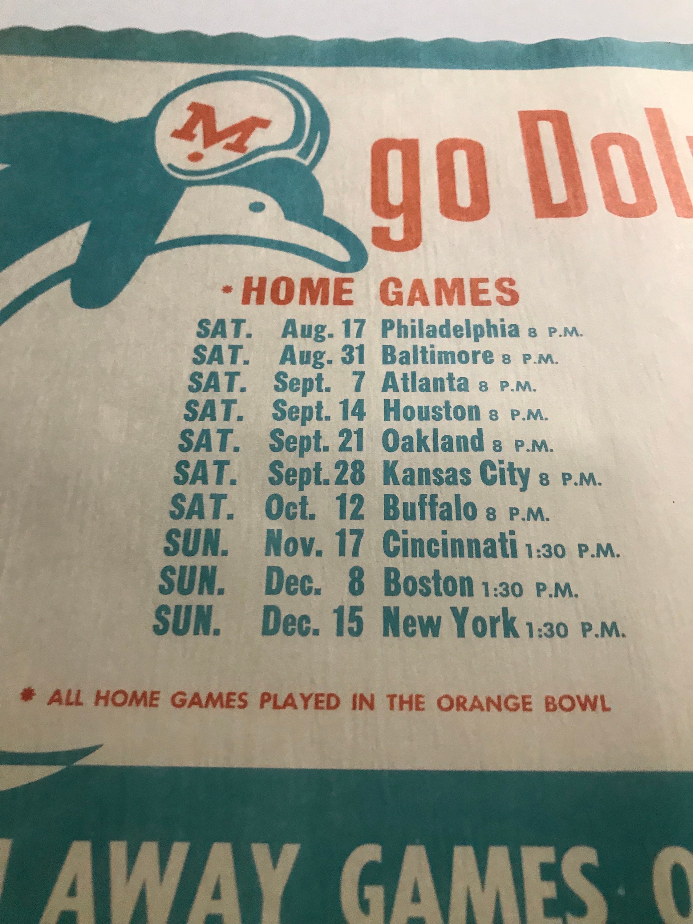 Vintage NFL 1968 Miami Dolphins Game Schedule WCKT 7 Miami Radio Paper ...