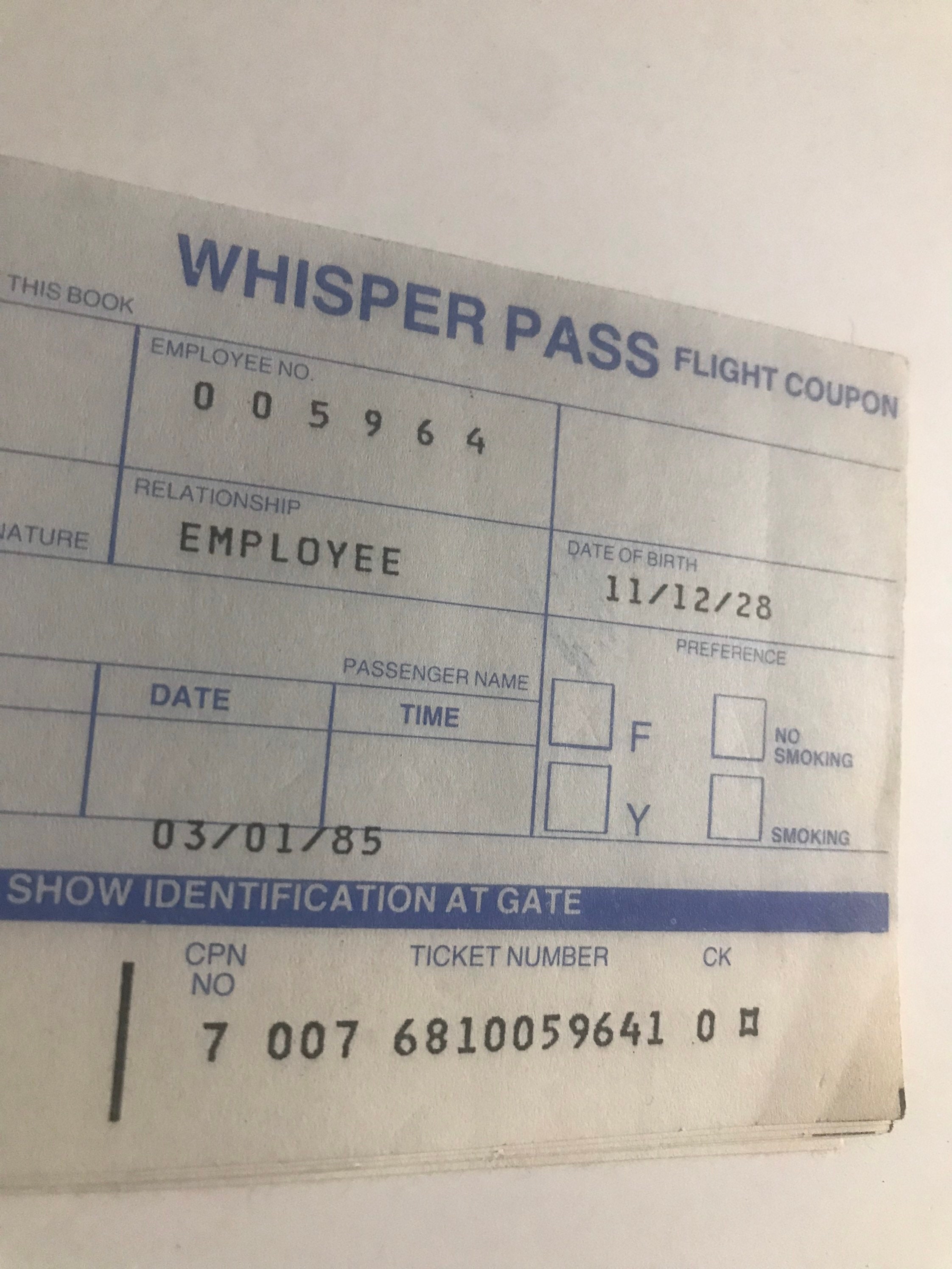 Vintage Eastern Airlines Whisper Jet Flight Pass Coupon Rider Employee ...