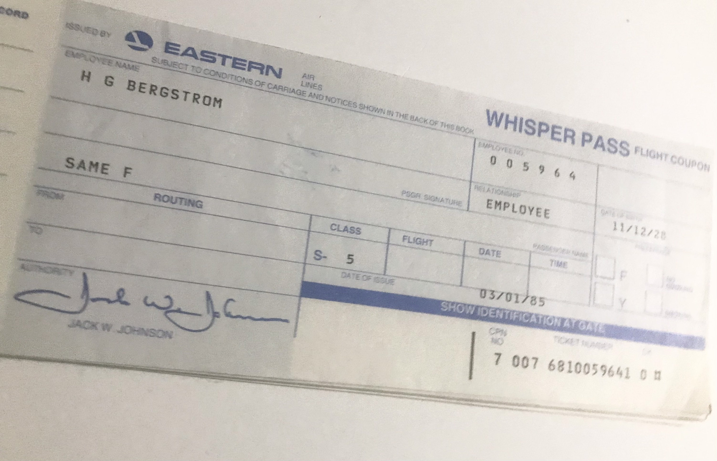 Vintage Eastern Airlines Whisper Jet Flight Pass Coupon Rider Employee ...