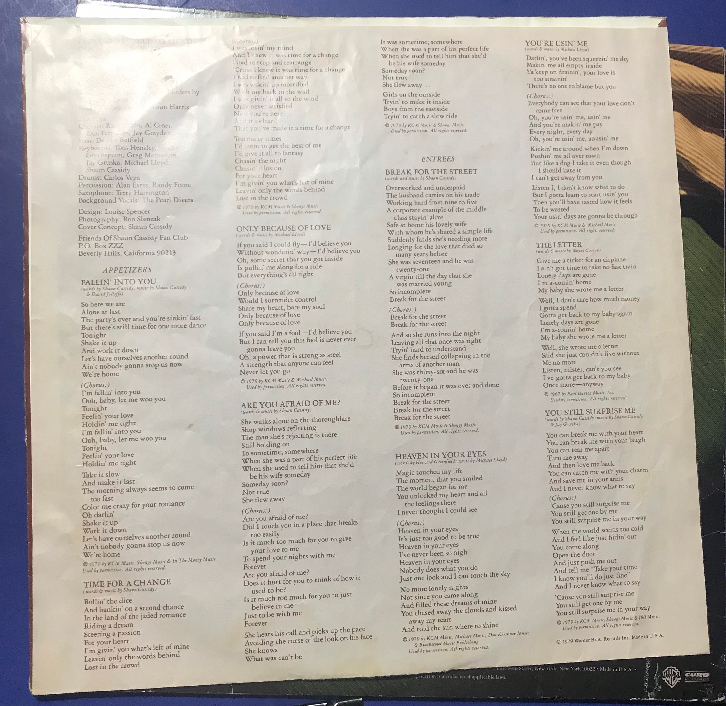 Shaun Cassidy Room Service Album LP 1979 Warner Bros. Records Teen ...