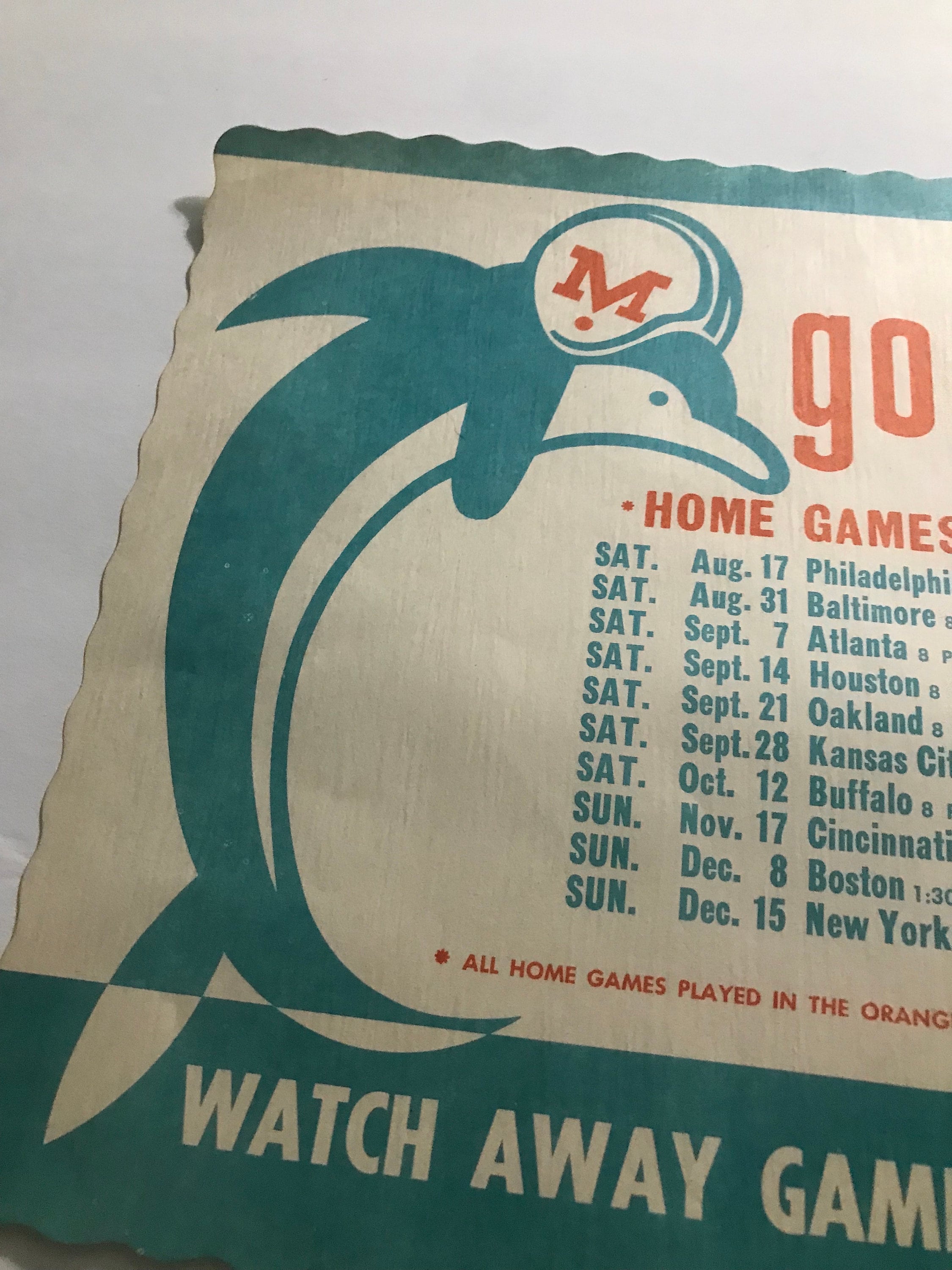 Vintage NFL 1968 Miami Dolphins Game Schedule WCKT 7 Miami Radio Paper ...