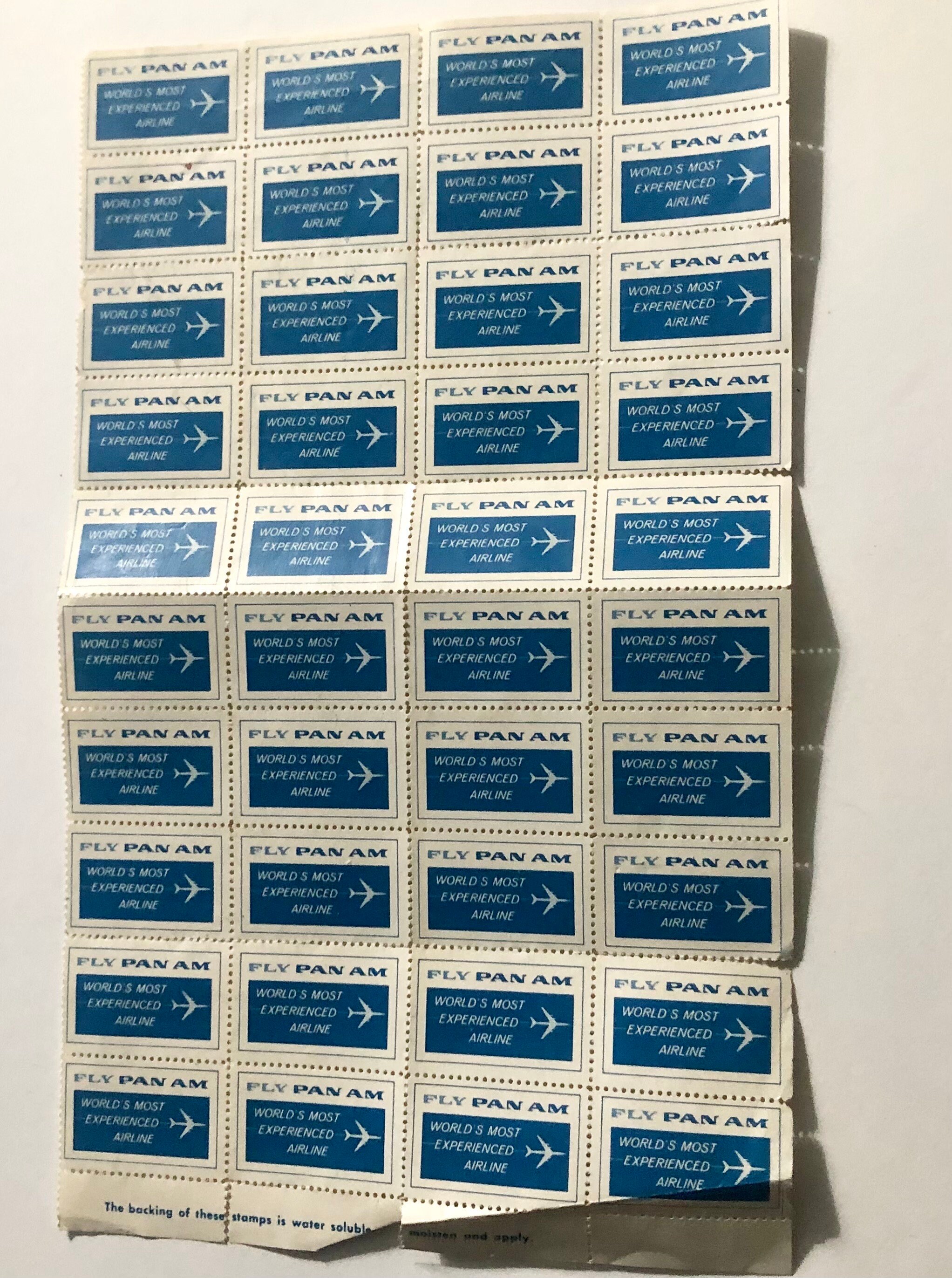 Vintage Fly Pan Am Airlines Sticker Airplane Complete Sheet 40 Stamps ...