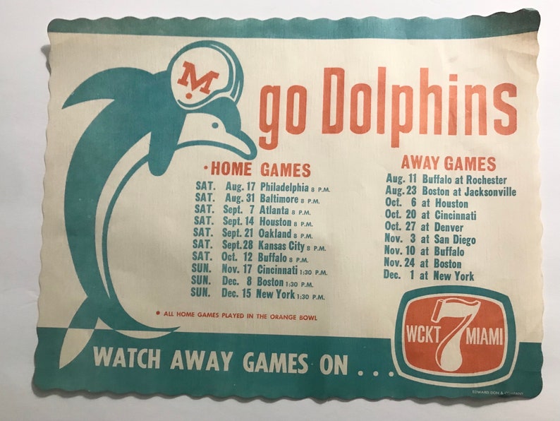 Vintage NFL 1968 Miami Dolphins Game Schedule WCKT 7 Miami Radio Paper ...