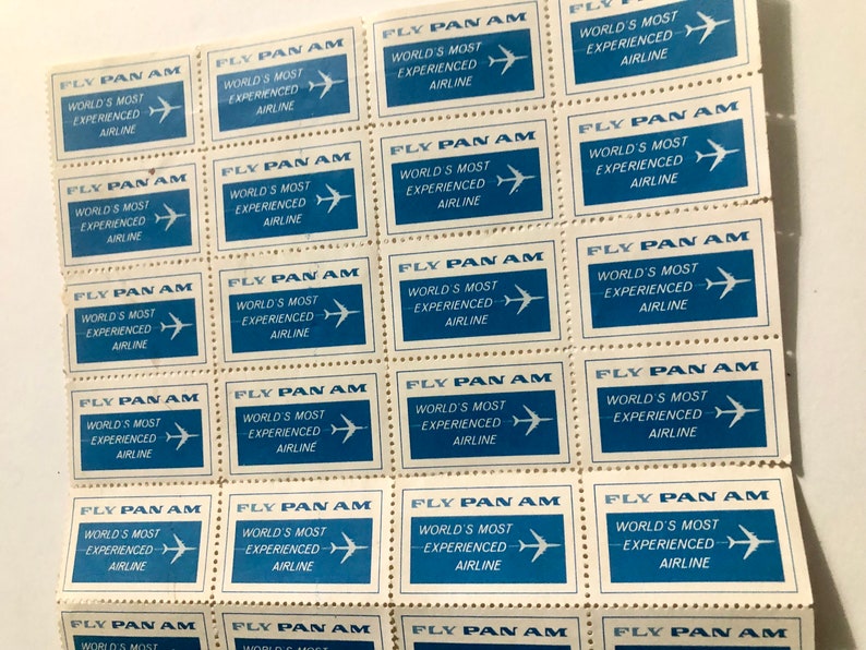 Vintage Fly Pan Am Airlines Sticker Airplane Complete Sheet 40 Stamps ...
