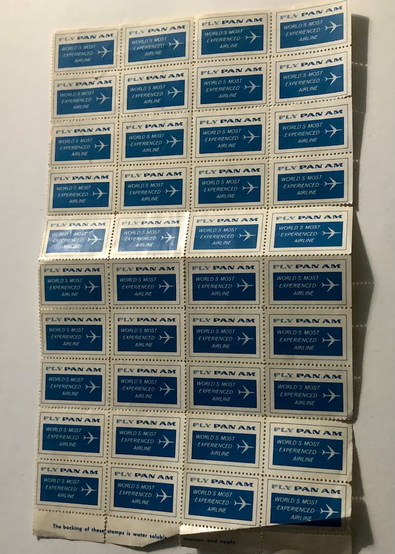 Vintage Fly Pan Am Airlines Sticker Airplane Complete Sheet 40 Stamps ...