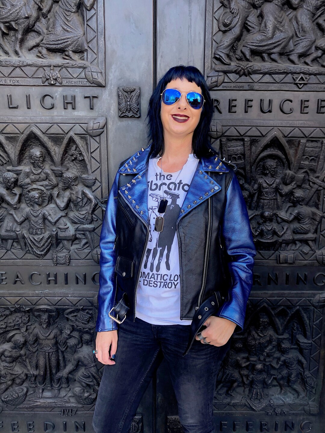 Customized Blue Metallic Studded Punk Leather Motorcycle Jacket, M - Etsy