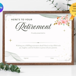 Editable Retirement Certificate Template, Printable Keepsake (digital ...