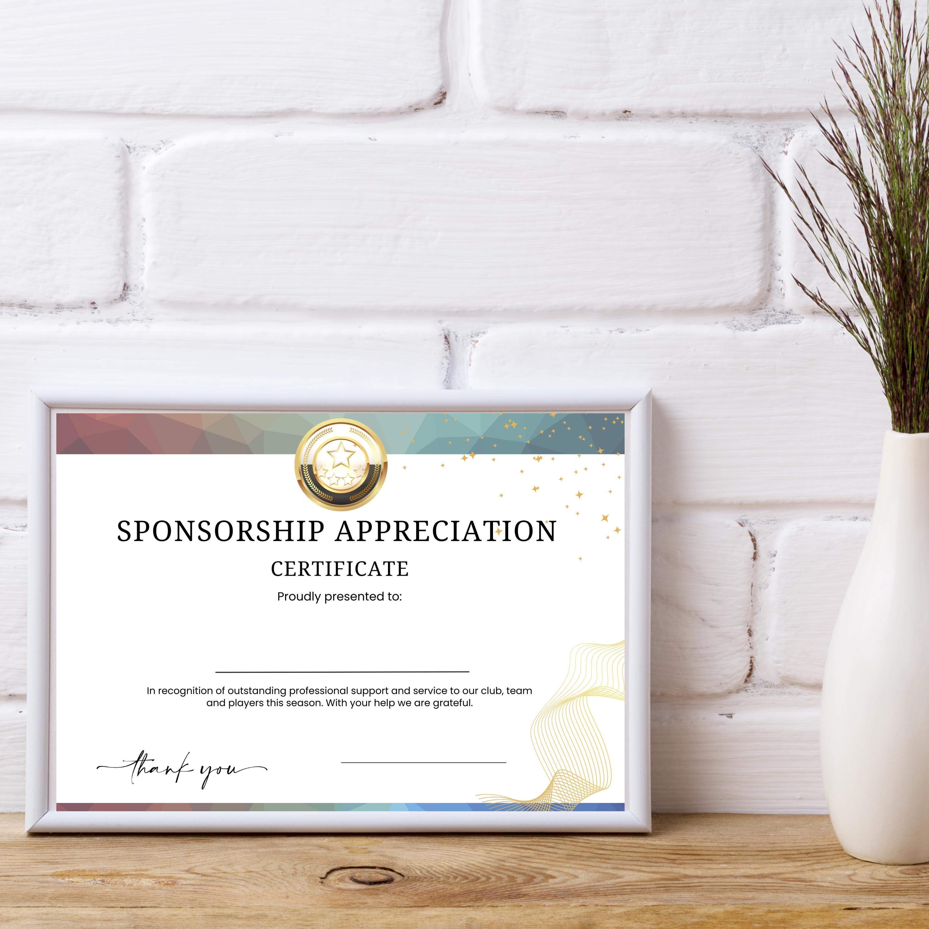 Sponsorship Appreciation Certificate Template Instant Download, High ...