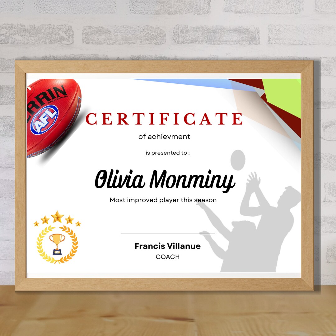 AFL Football Certificate Template Instant Download, High Quality Fully ...