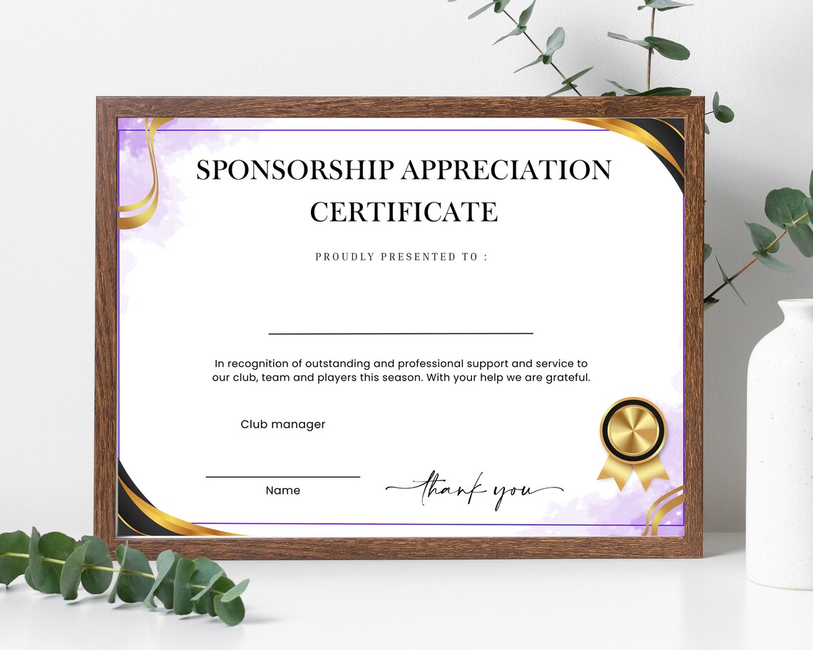 Sponsorship Appreciation Certificate Template Instant Download, High ...