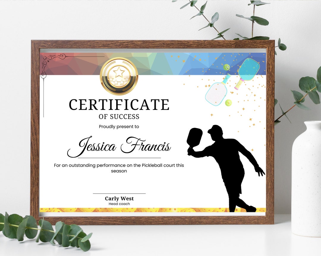 Pickleball Player Certificate Award Template - Personalise, High ...