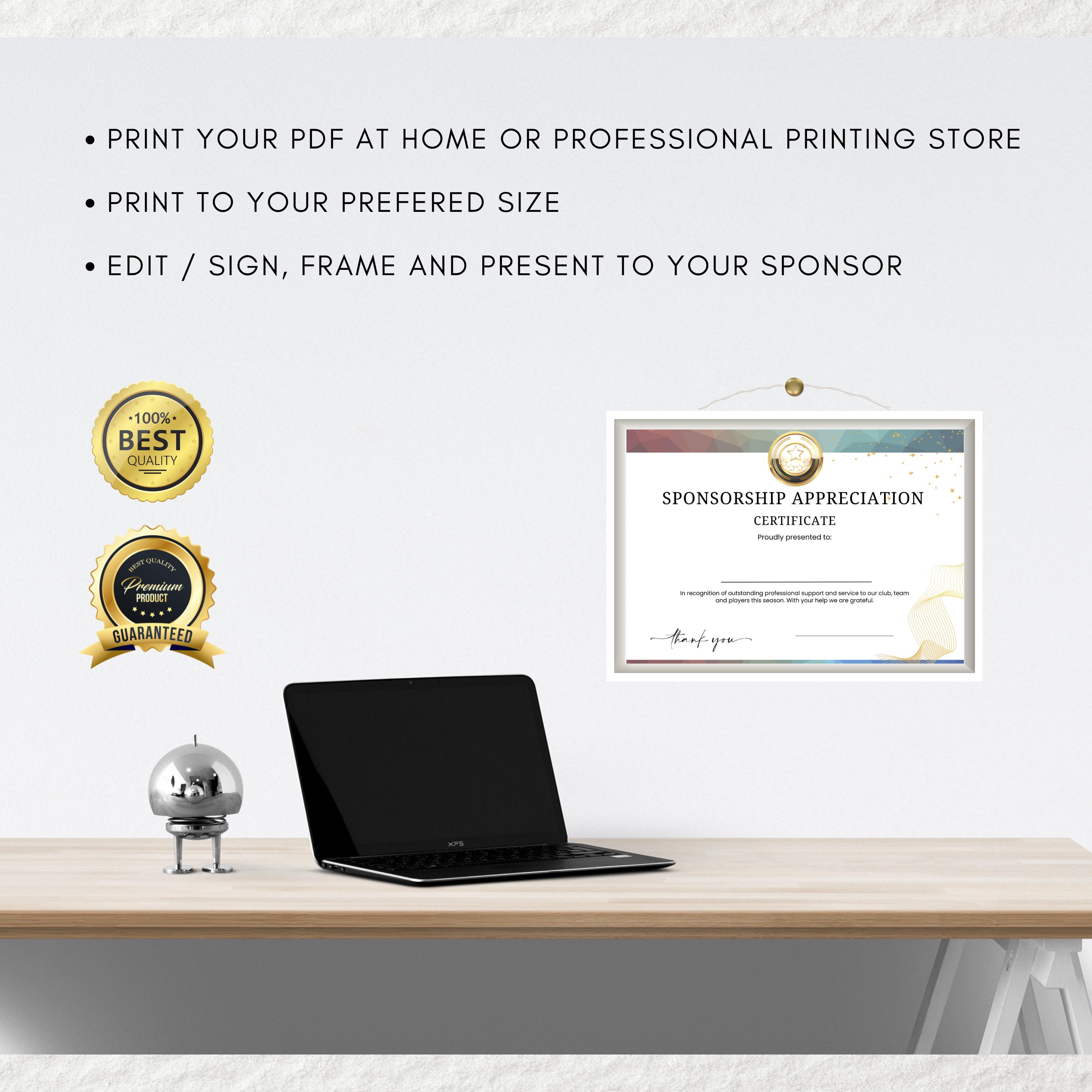 Sponsorship Appreciation Certificate Template Instant Download, High ...