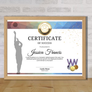Netball Certificate Template Instant Download High Quality - Etsy Australia