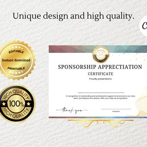 Sponsorship Appreciation Certificate Template Instant Download, High ...