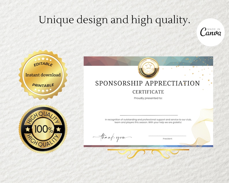 Sponsorship Appreciation Certificate Template Instant Download, High ...