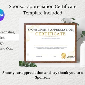 Sponsorship Appreciation Certificate Template - Instant Download, High ...