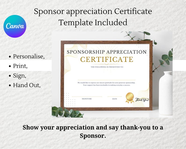 Sponsorship Appreciation Certificate Template - Instant Download, High ...