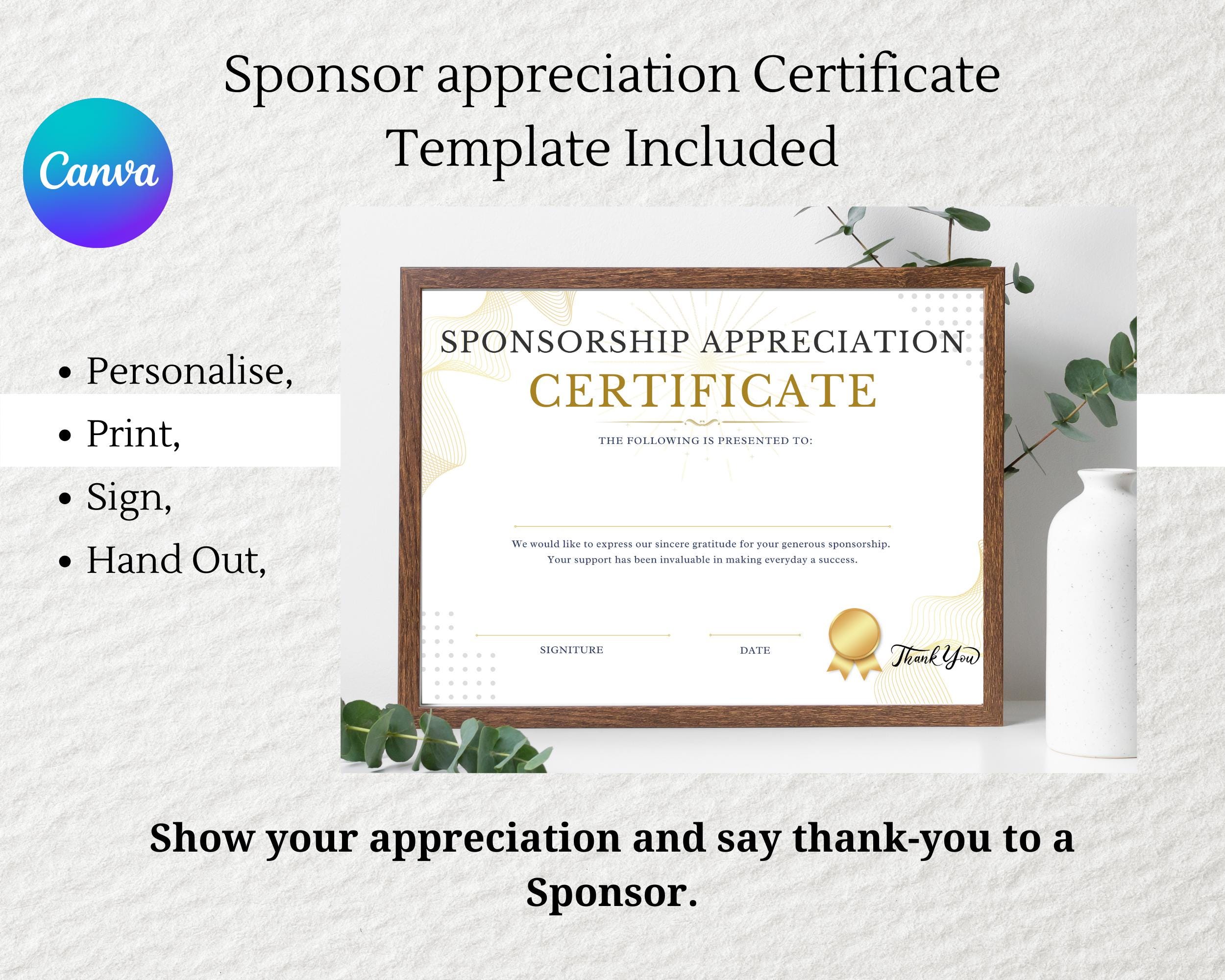 Sponsorship Appreciation Certificate Template - Instant Download, High ...