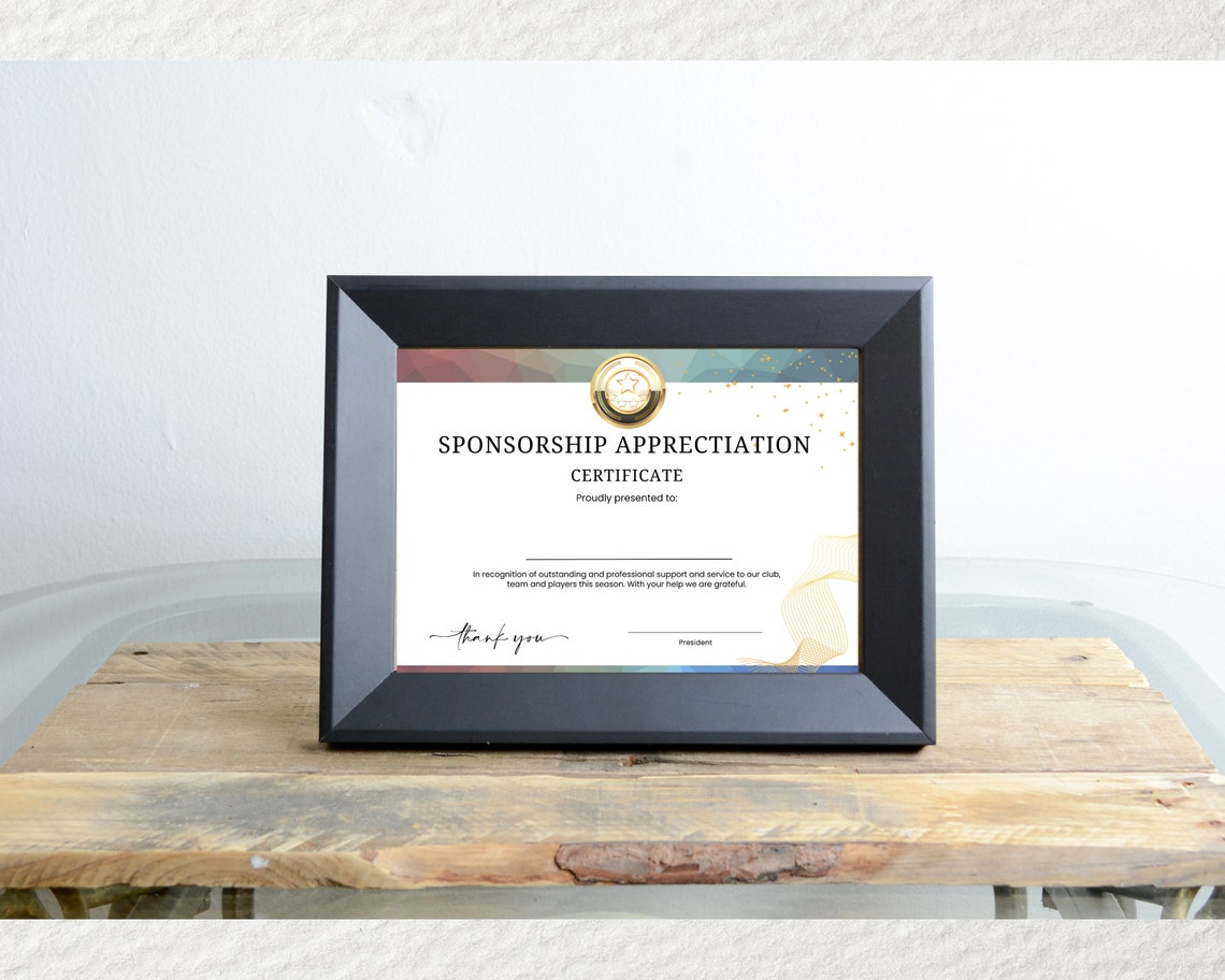 Sponsorship Appreciation Certificate Template Instant Download, High ...
