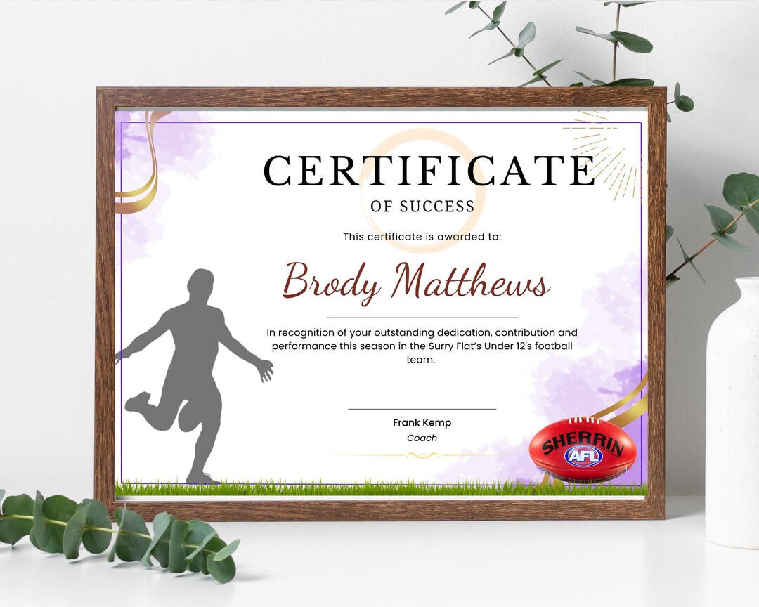 AFL Football Certificate Template - Aussie Rules, Instant Download ...