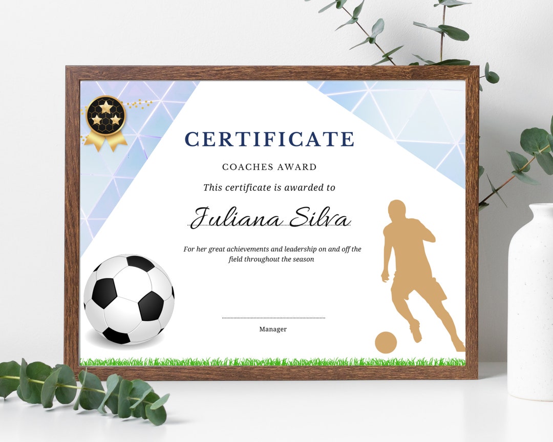Soccer Player Award Certificate Template, Editable, High Quality Design ...