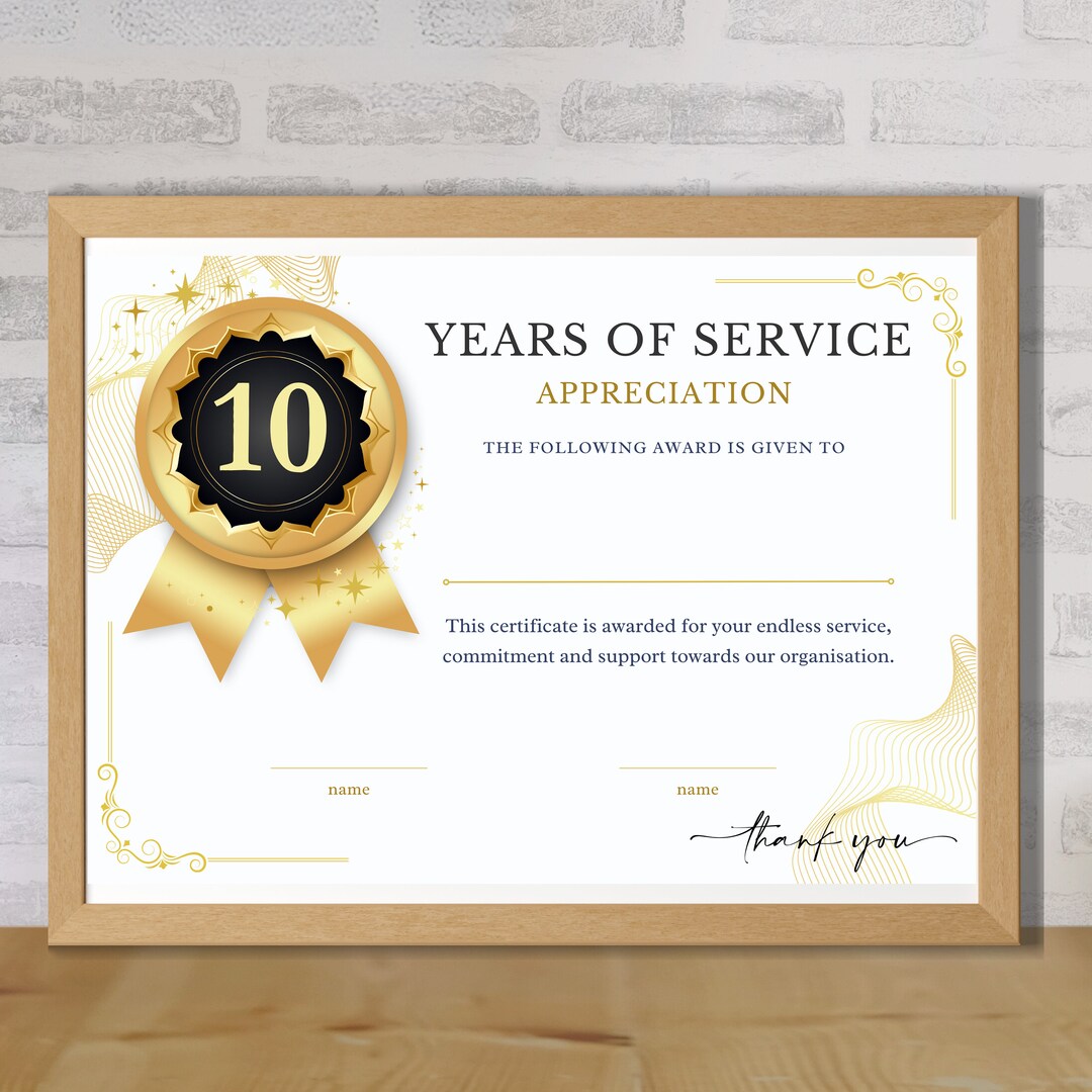 Years of Service Award Certificate, Years of Service Appreciation ...