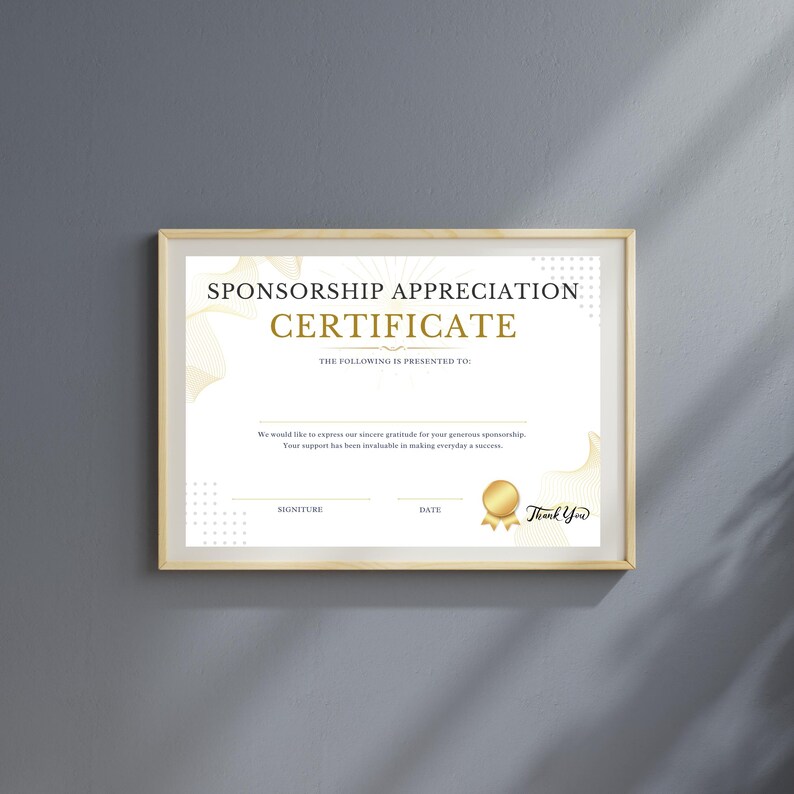 Sponsorship Appreciation Certificate Template - Instant Download, High ...