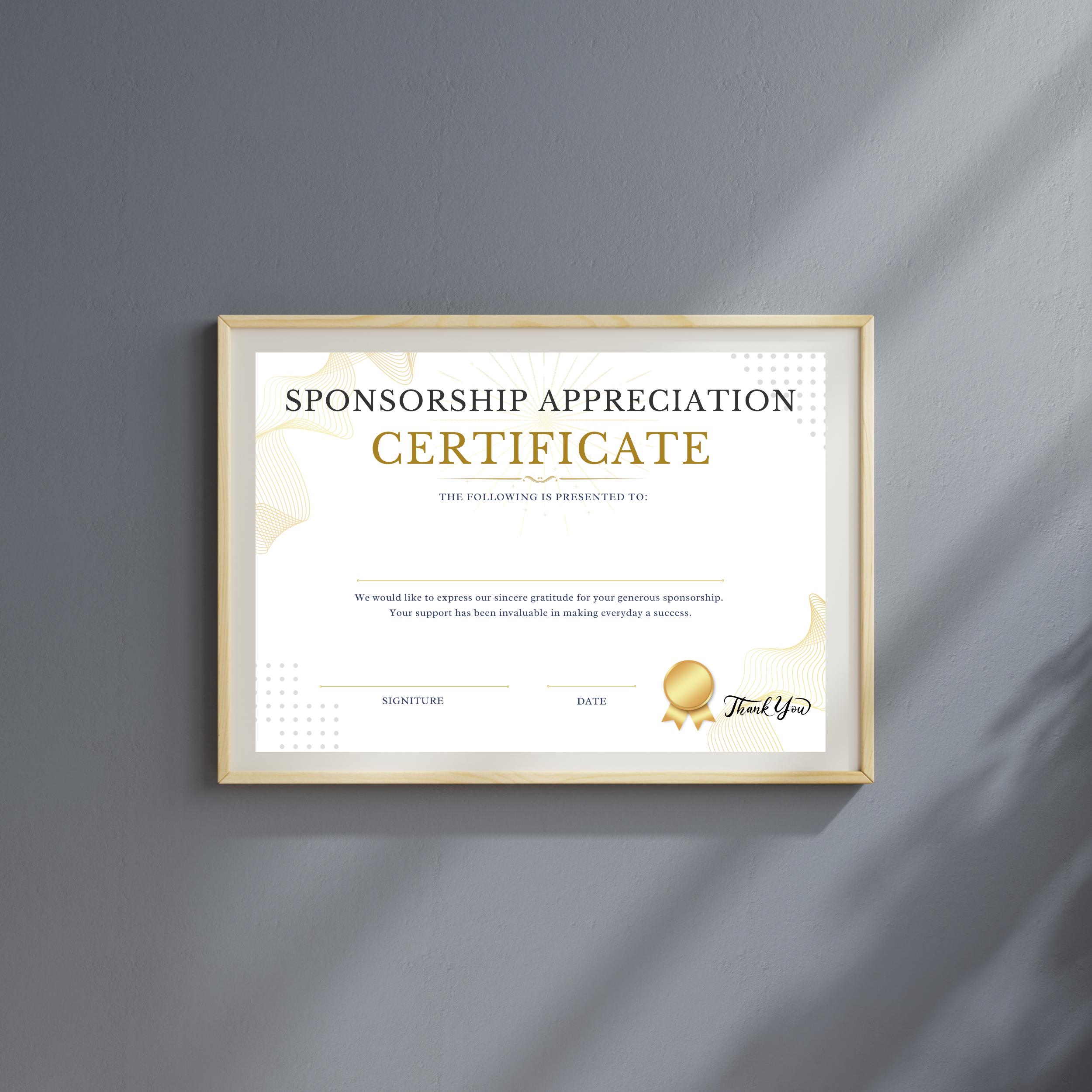 Sponsorship Appreciation Certificate Template - Instant Download, High ...
